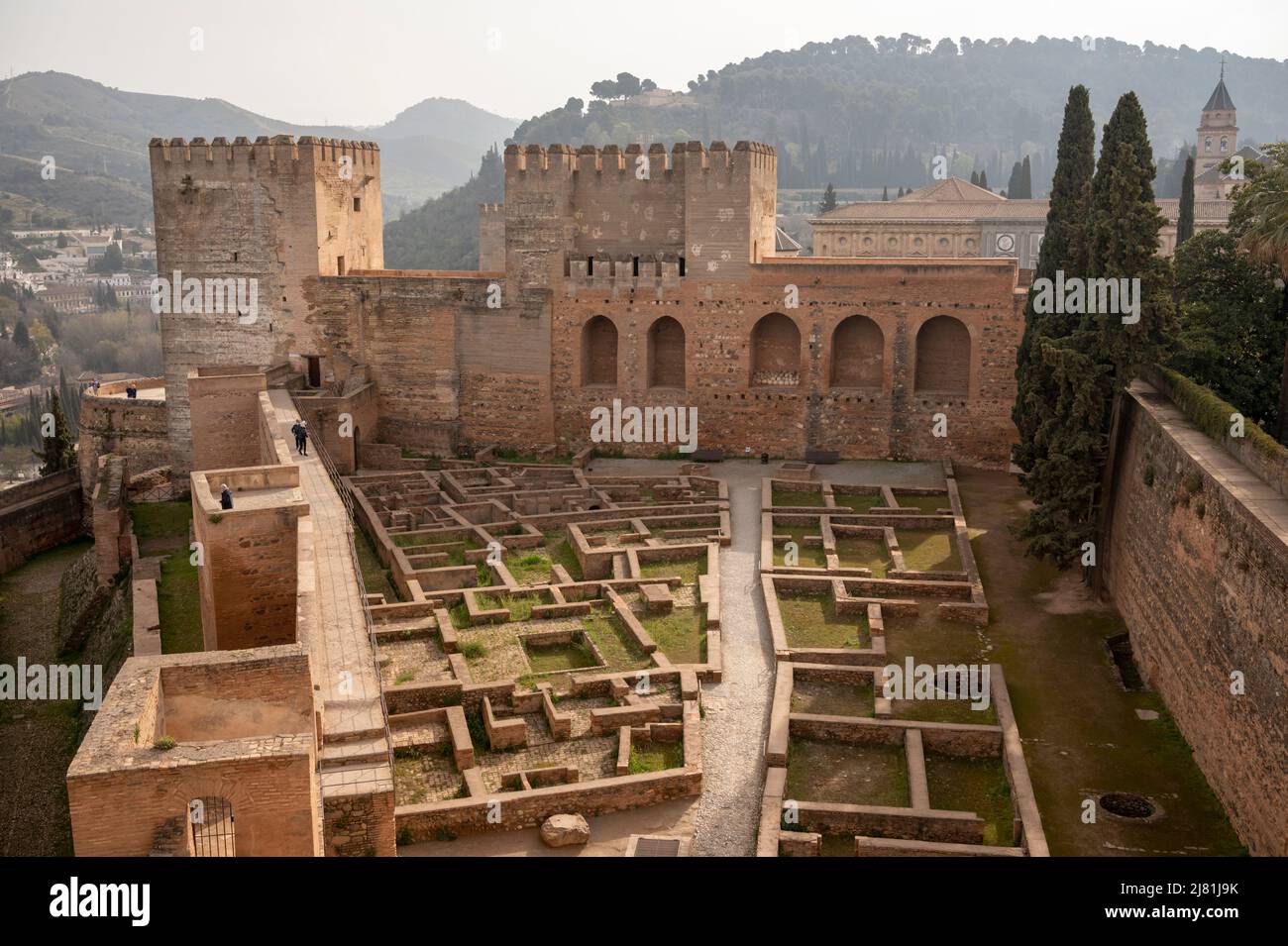 Old walls, gardens and buidings of medieval fortress Alhambra, Granada ...