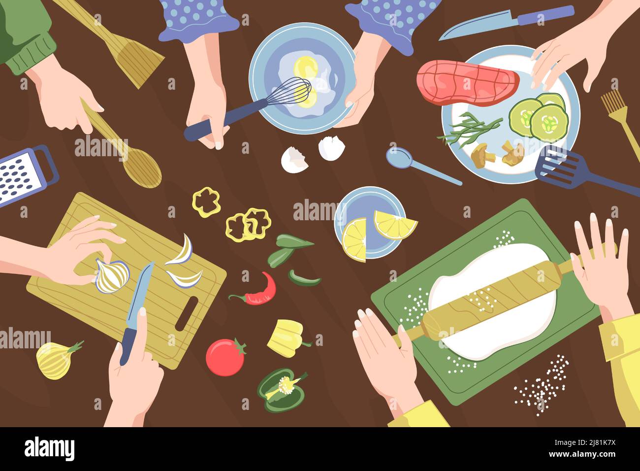 Hands cooking top. Cook class poster with top view of hands holding ...