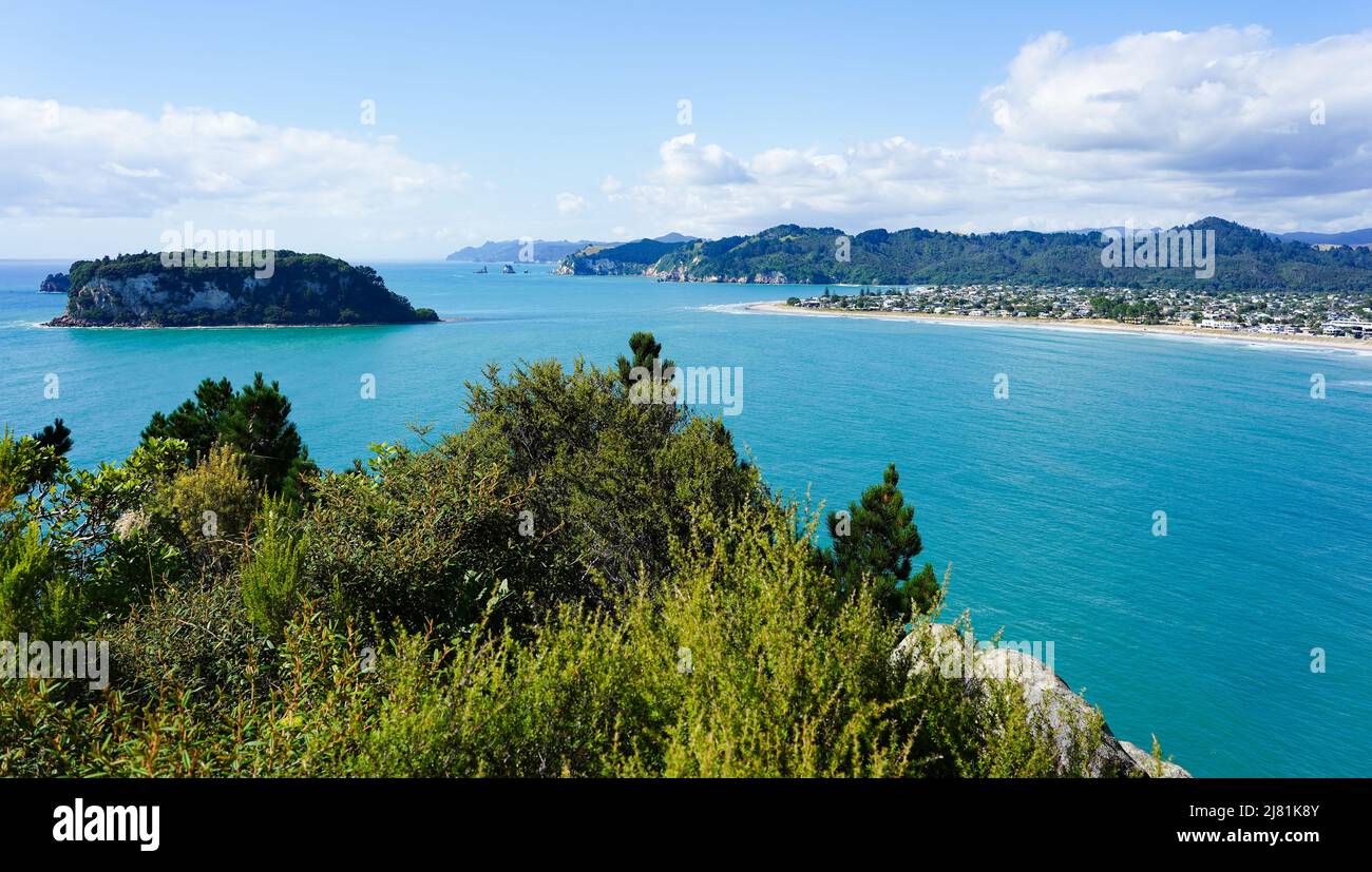 View of Whangamata, a popular beach holiday destination in the ...