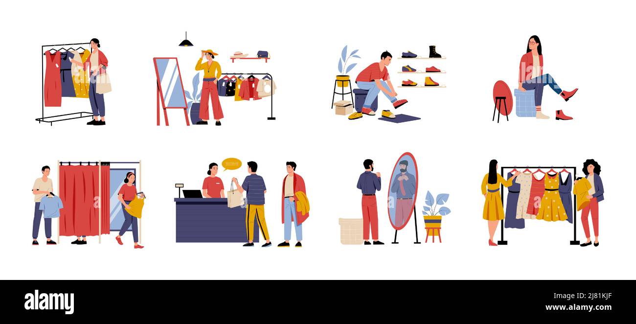 Shopping and buying concept. Cartoon women in clothing and shoe store ...