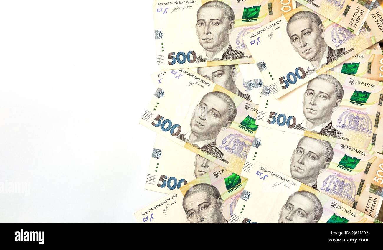 Ukrainian 500 hryvnia. Denominations banknotes on a white background ...