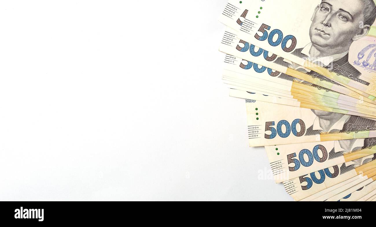 Ukrainian 500 hryvnia. Denominations banknotes on a white background ...