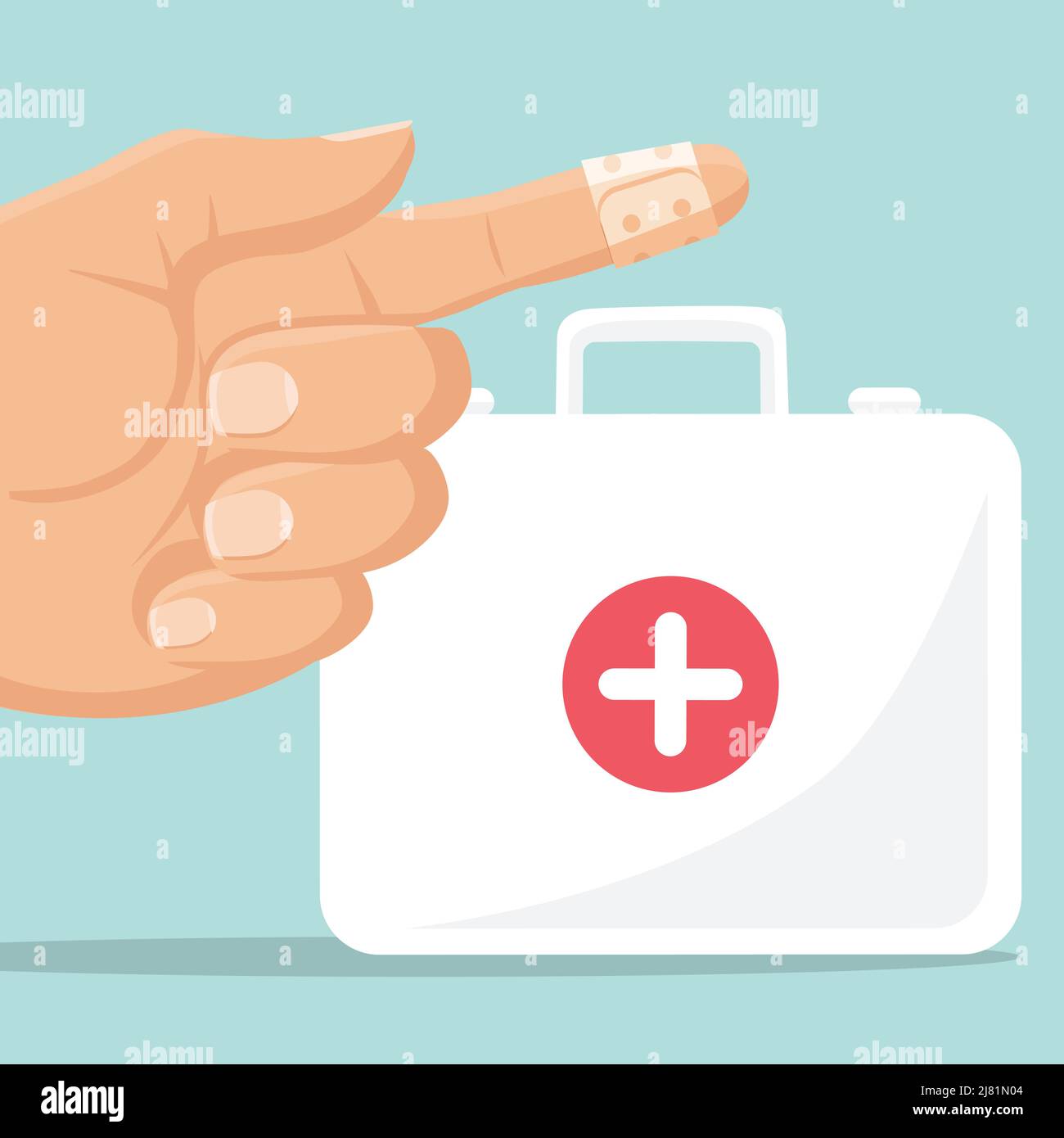 First aid kit and a finger with an adhesive bandage. Vector ...