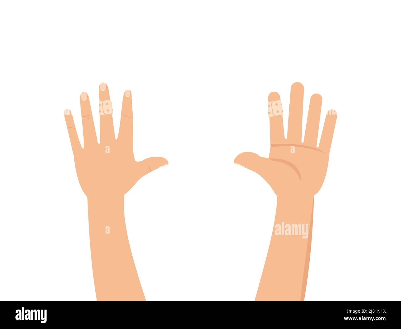 Two hands with a wound finger and adhesive bandage. Vector illustration ...