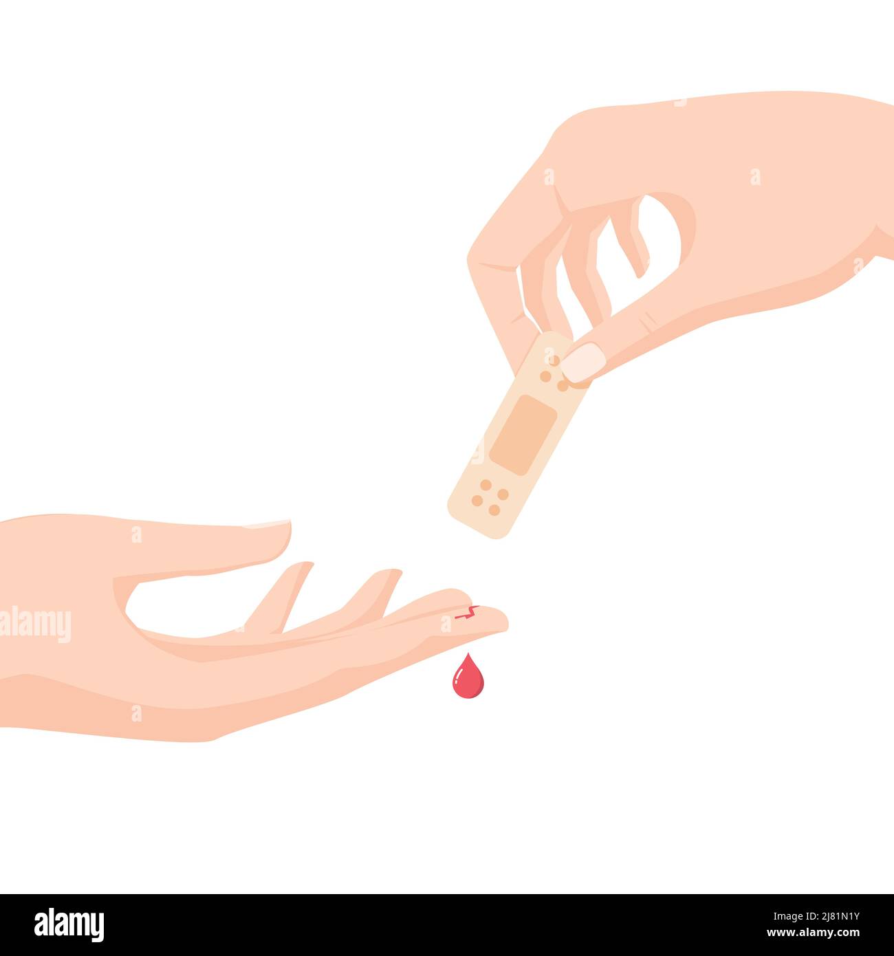 Hand giving an adhesive bandage to another hurt hand. Help concept ...