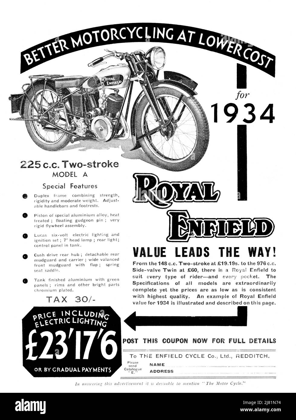 A vintage 1933 Motorbike advert for Royal Enfield British Motor Cycles ...