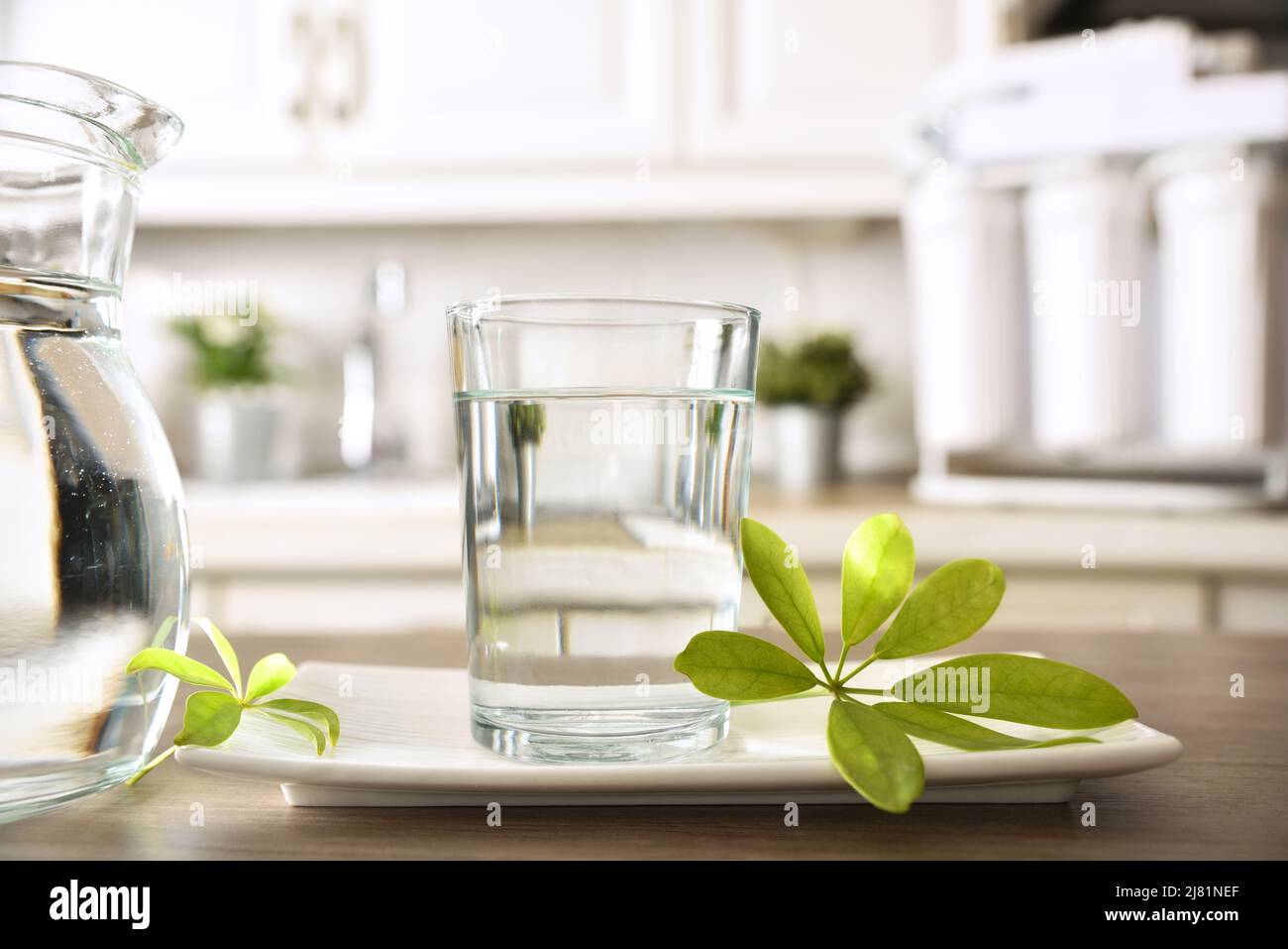 Glass of purified water with domestic equipment and filters on table ...