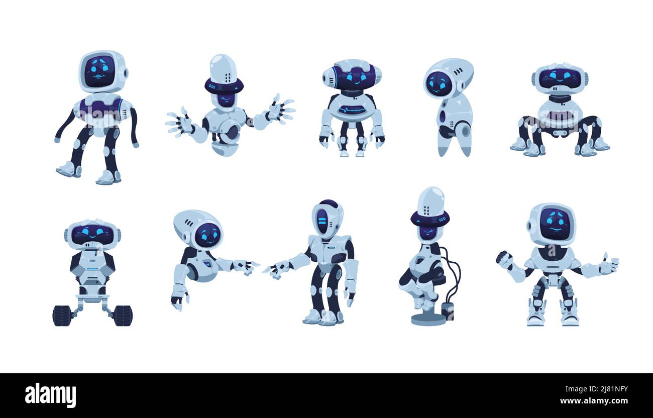 Cartoon robots. Artificial bot character with funny face, arms body and ...