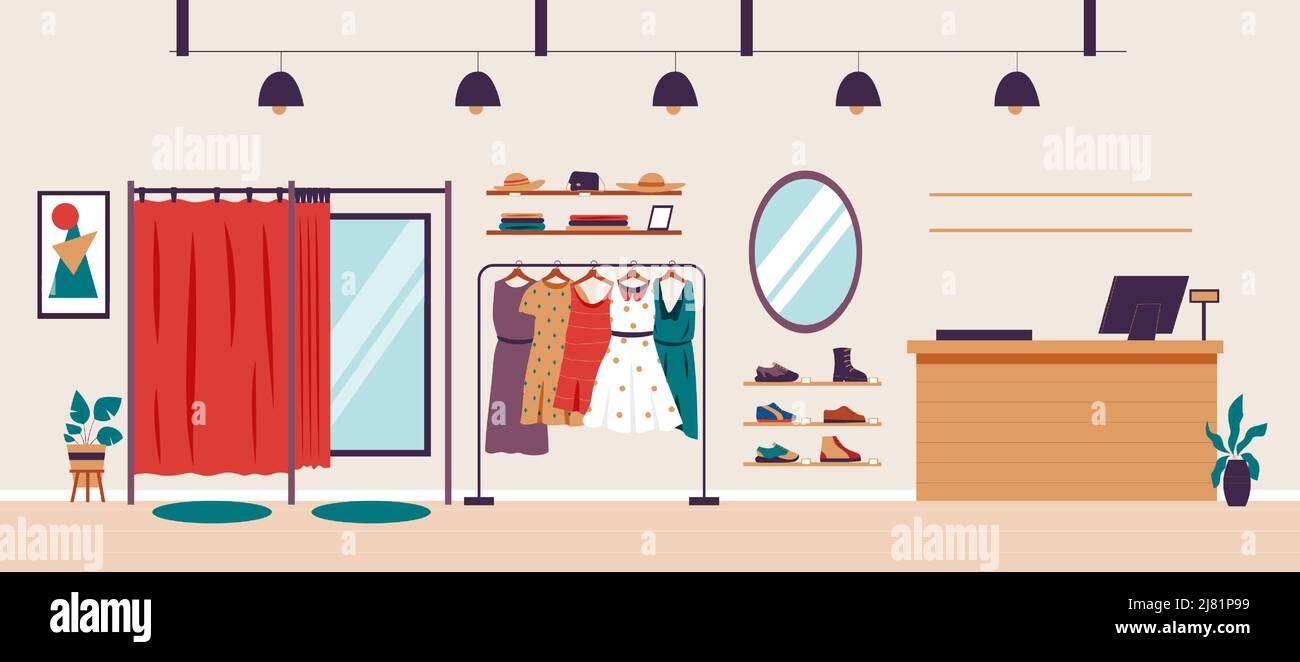 Showroom interior. Cartoon fashion boutique with women clothes and ...