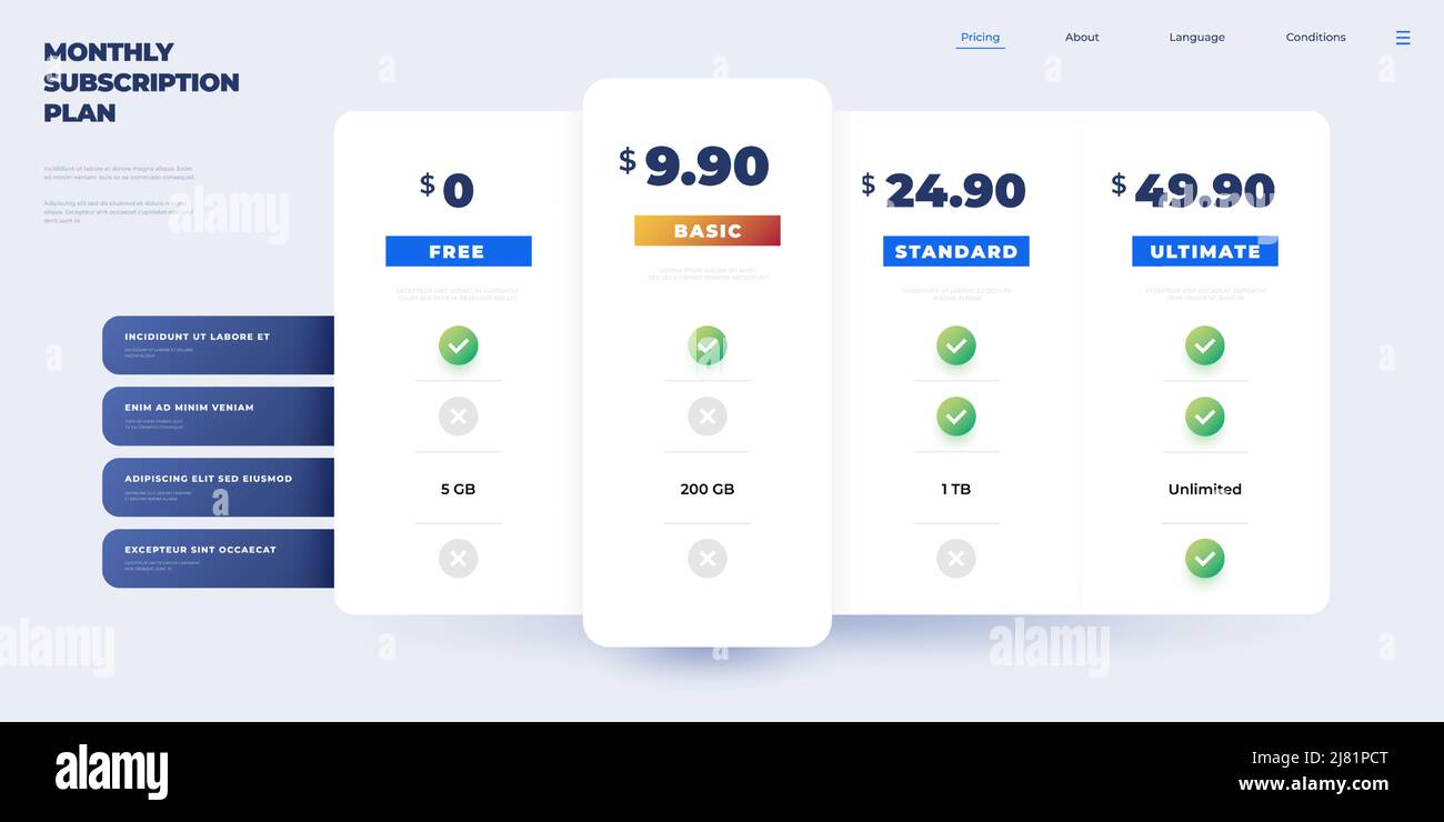 Price plan. Comparison table infographic, monthly subscriptions checklist with options and ...