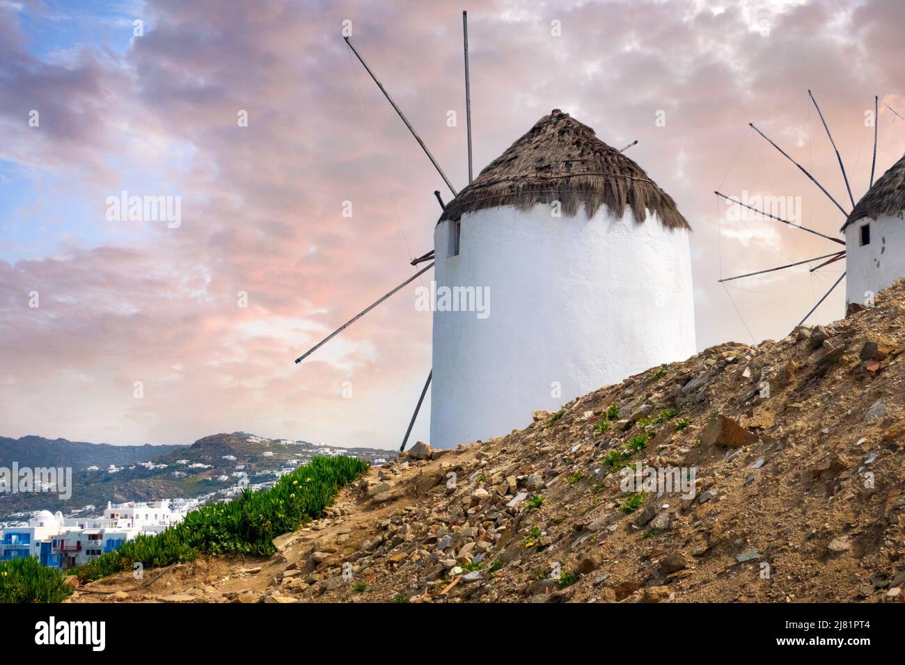 Traditional greek windmills on Mykonos island, Cyclades, Greece sunset ...