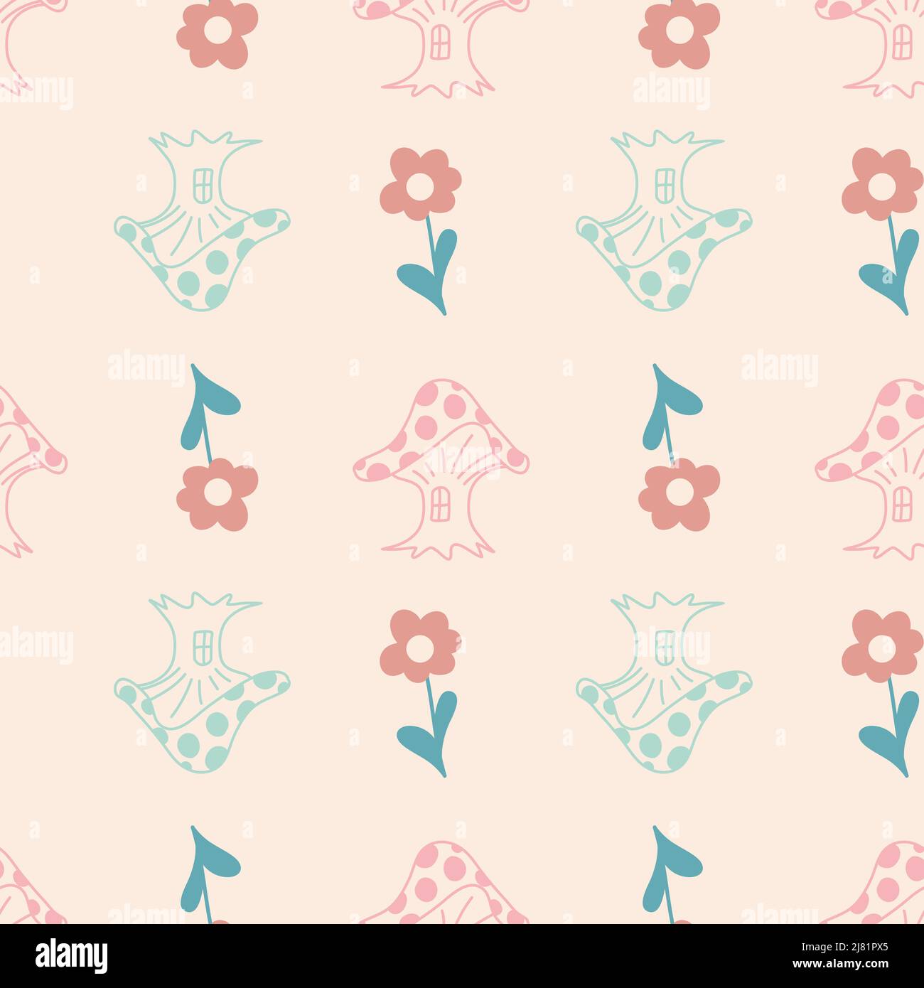 toadstool amanita and flower seamless pattern pink pastel for textile ...