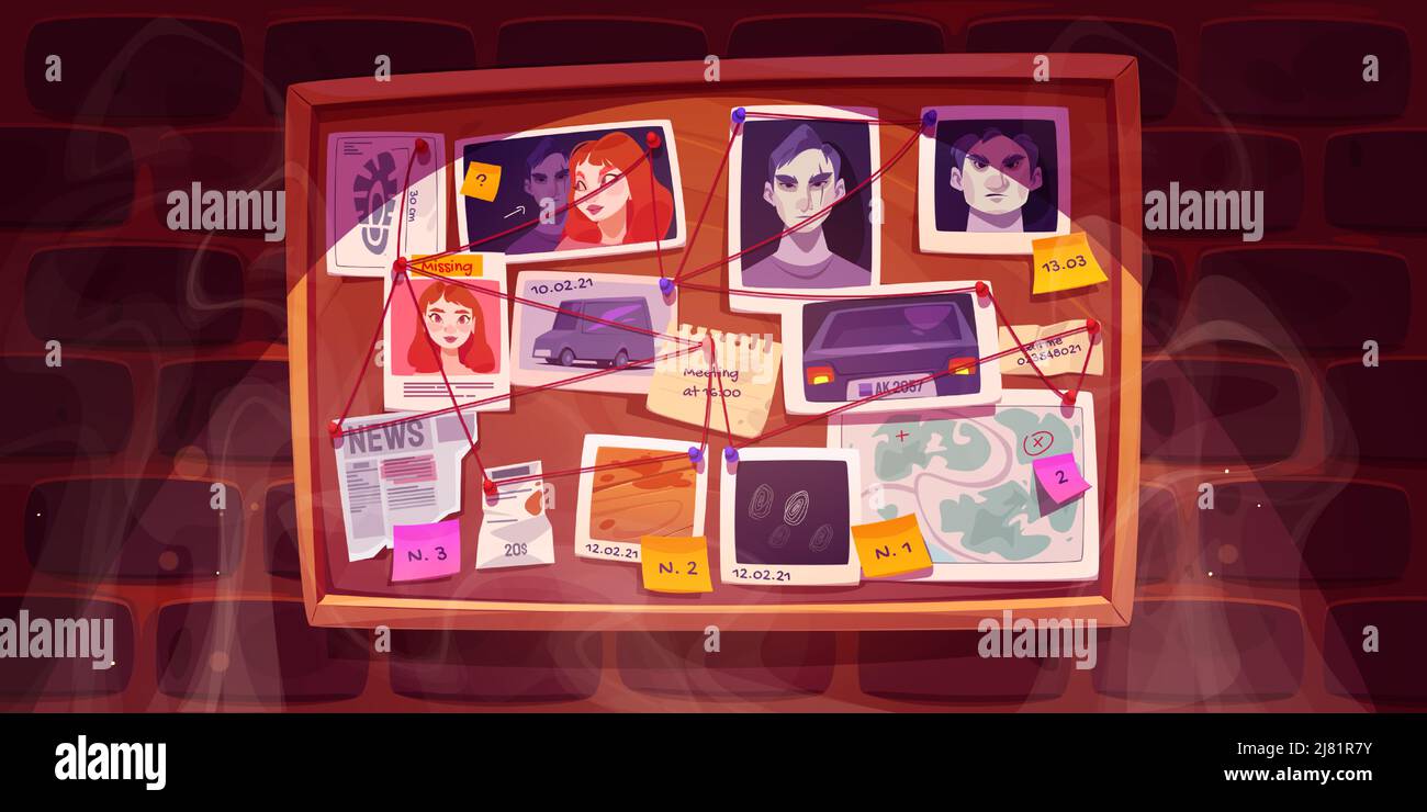 Evidences on police detective board for crime investigation. Vector ...