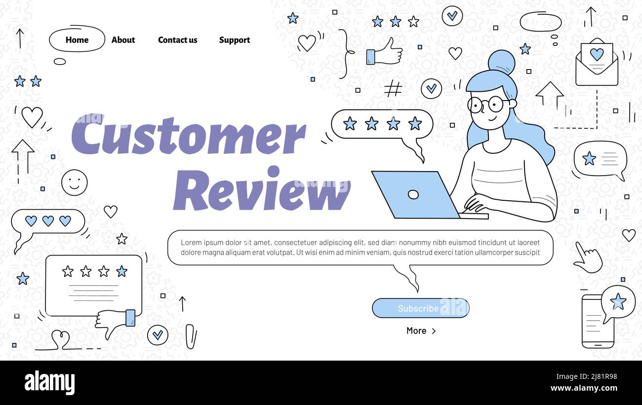 Customer review banner with girl puts feedback or write comment on ...