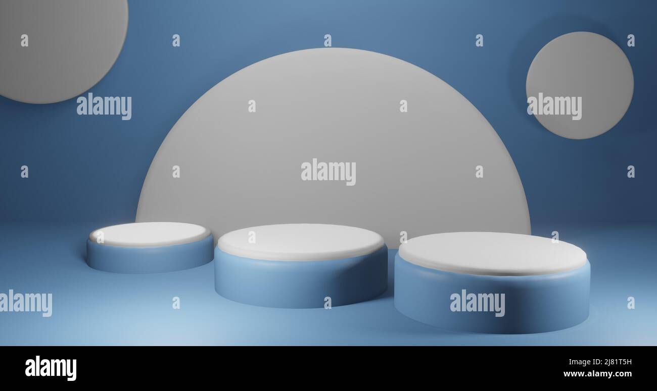 Generic product display presentation. Three blue cylinder pedestal ...