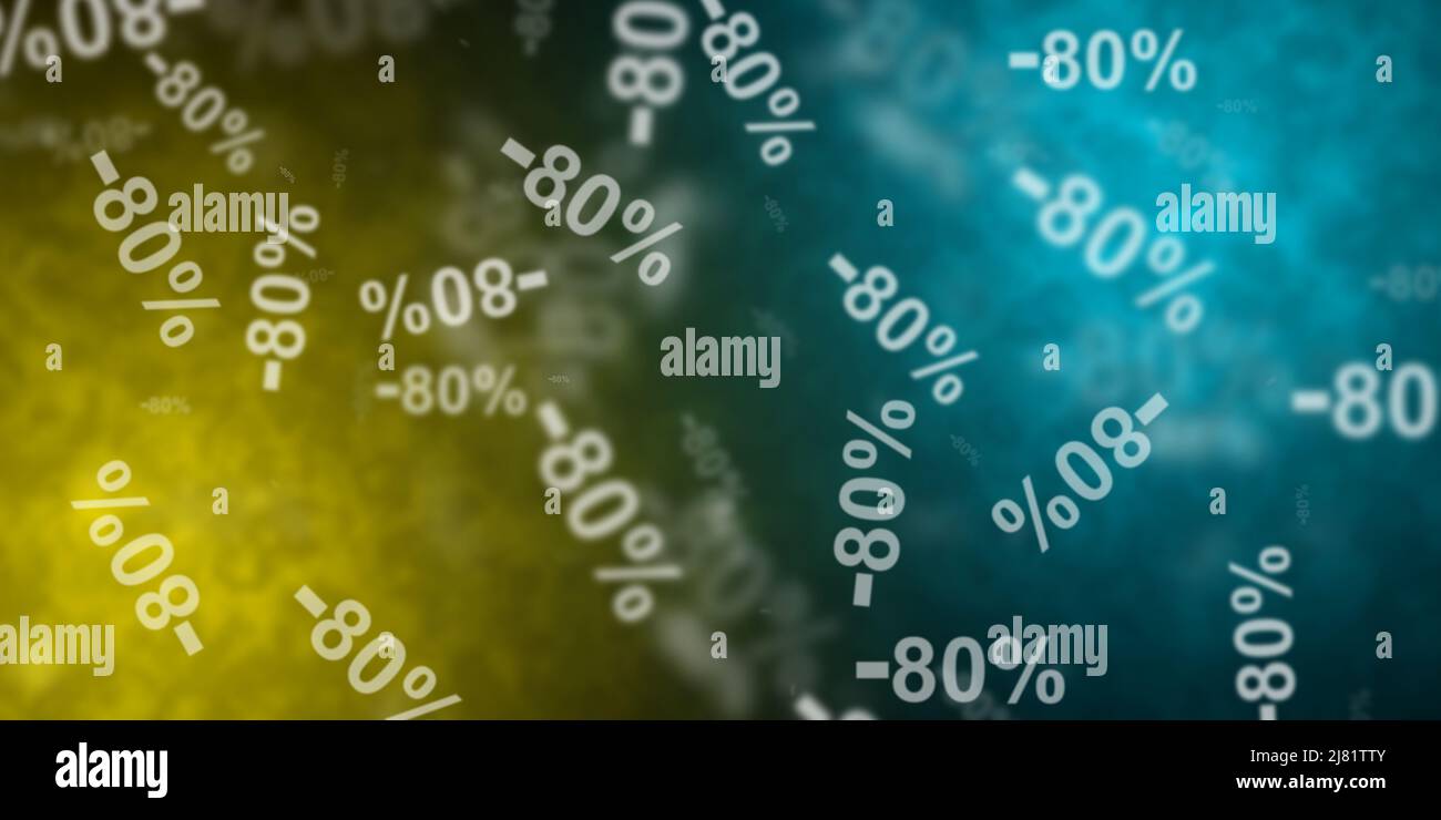 Flying -80% discount symbols over yellow and light blue background ...