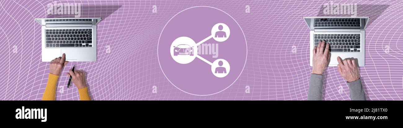 Top view of hands using laptop with symbol of car sharing concept Stock ...