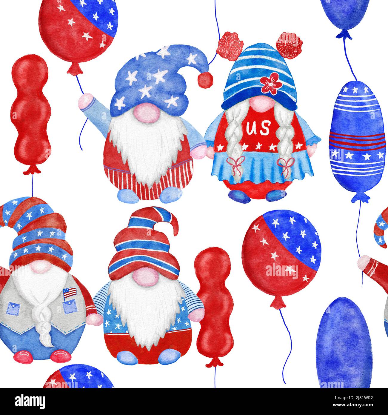 Watercolor hand drawn seamless border with 4th of july gnomes ...