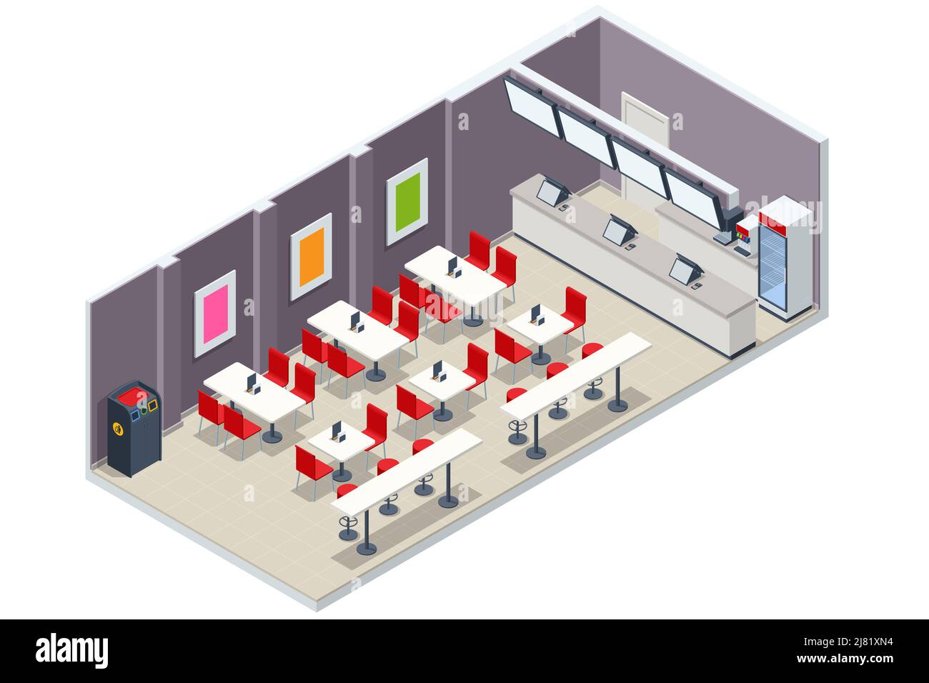 Fast Food Court. Isometric Coffee, Burgers, Salad and Pizza Place ...