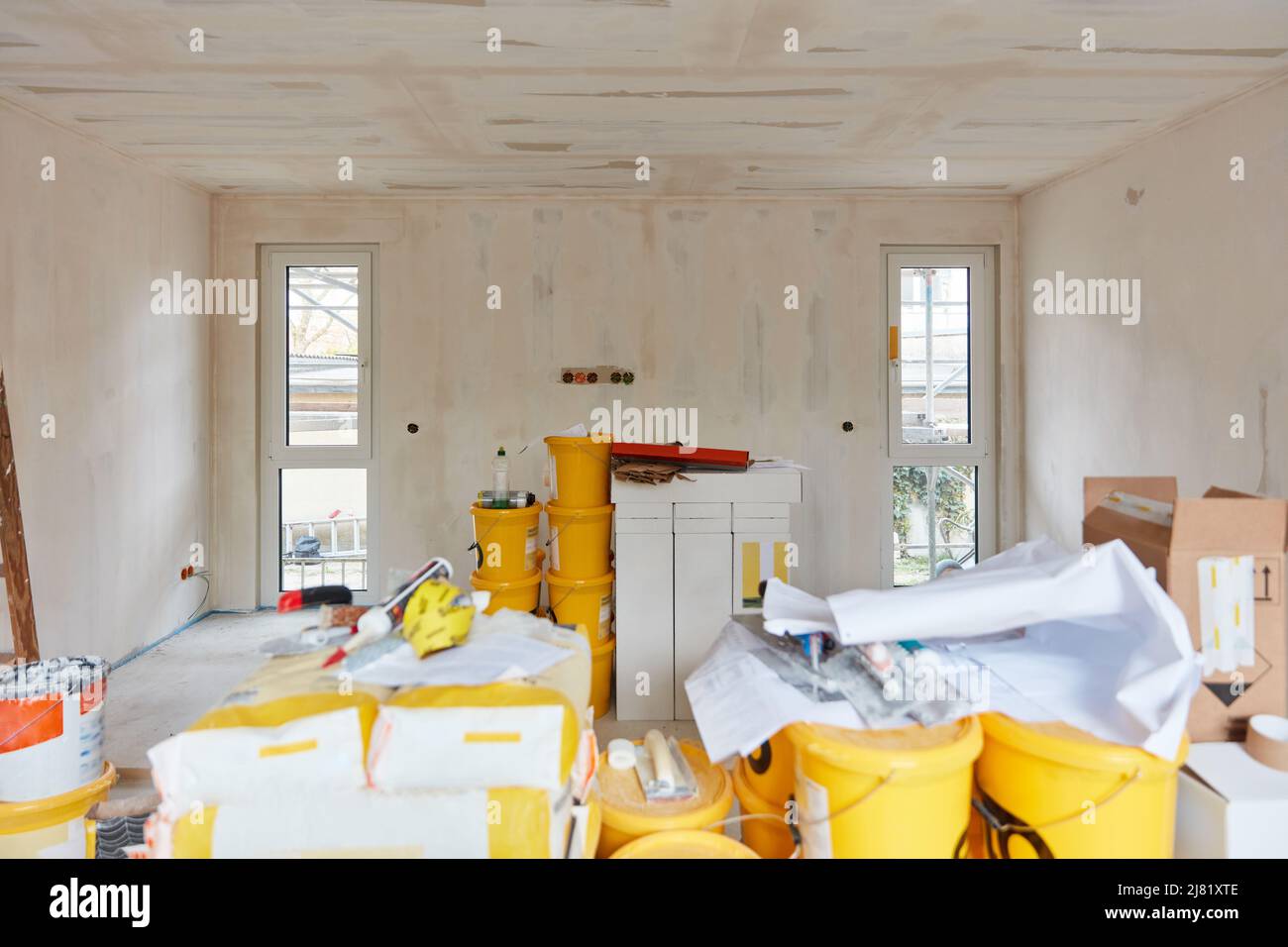 Room as a construction site with building material for the interior ...