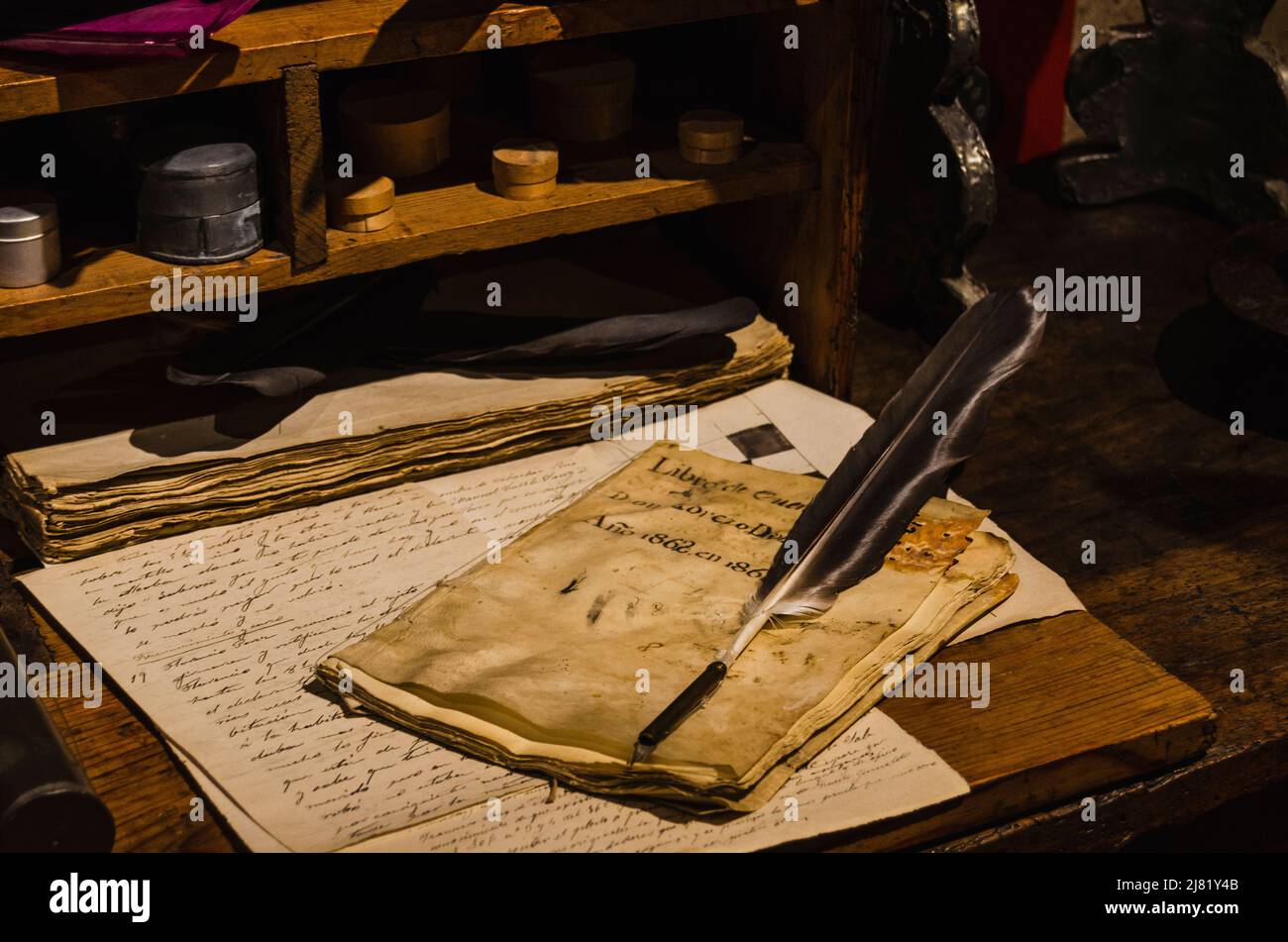 Recreation of an antique desk with a quill on parchments Stock Photo ...