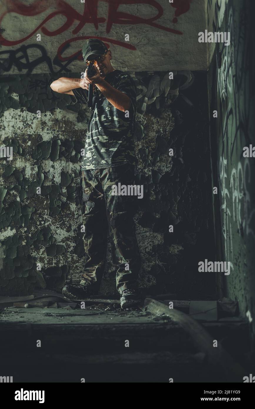 Airsoft soldier in the old industry building Stock Photo - Alamy