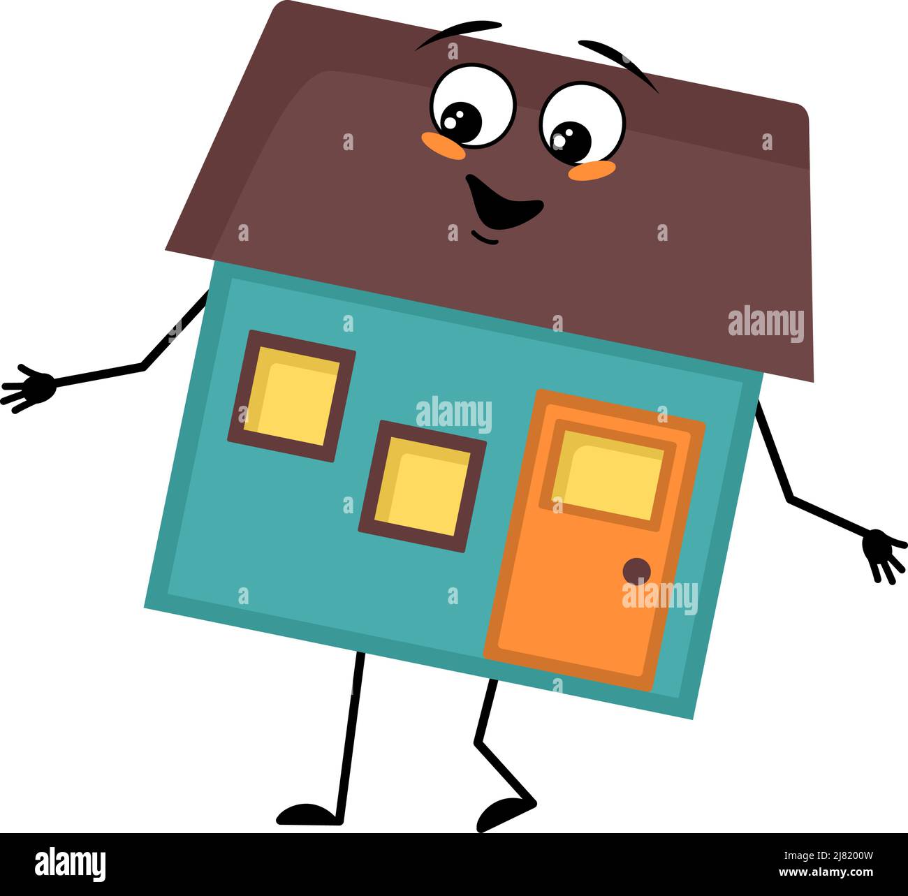Cute house character with happy emotions, joyful face, smile eyes, arms ...