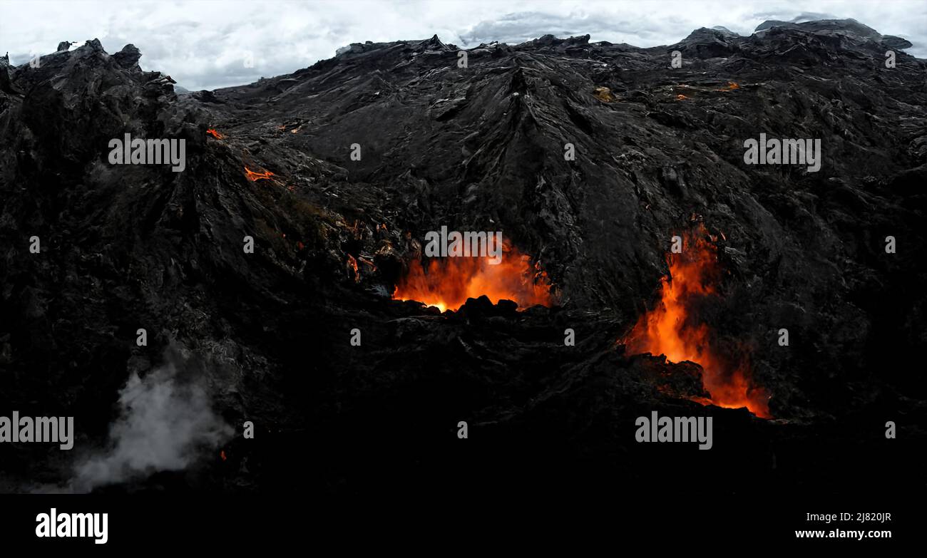 Apocalypse, volcanic eruption. Lava magma flows flow down volcano mouth ...