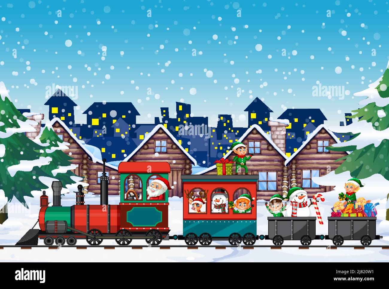 Santa and elves riding on the train illustration Stock Vector Image ...