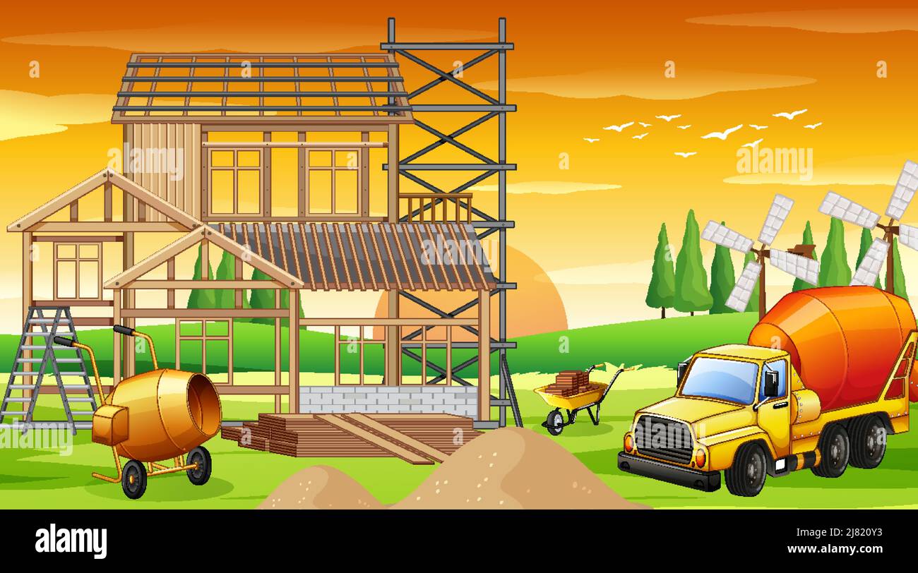 Cartoon scene of building construction site illustration Stock Vector ...