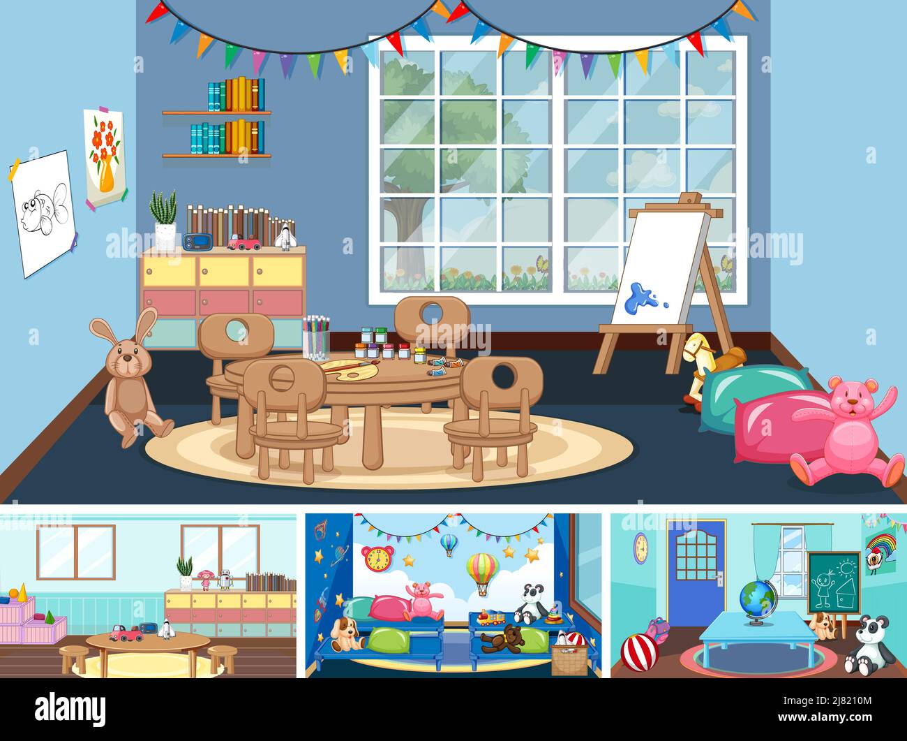 Set of different kindergarten classroom scenes illustration Stock ...