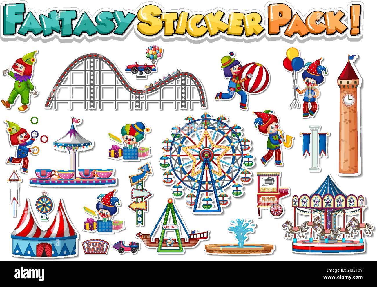 Sticker set of amusement park objects and cartoon characters ...