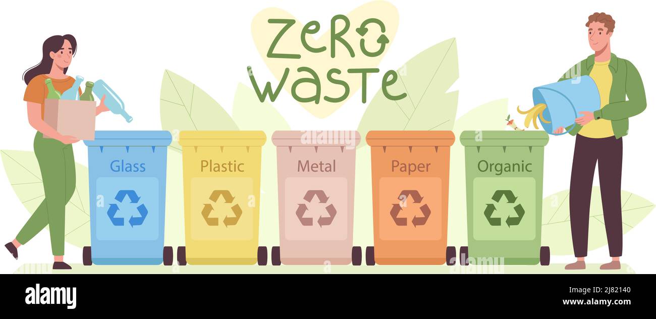 Man and a woman sort waste. Garbage sorting vector banner in flat style ...