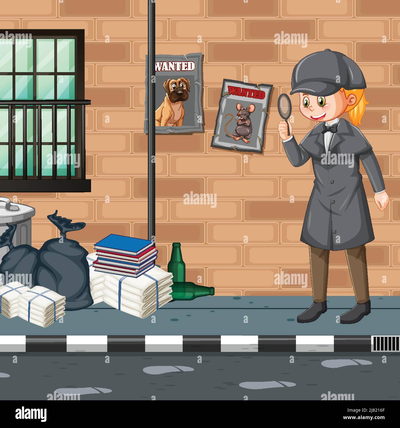 Detective looking for clues with magnifying glass in scene illustration ...