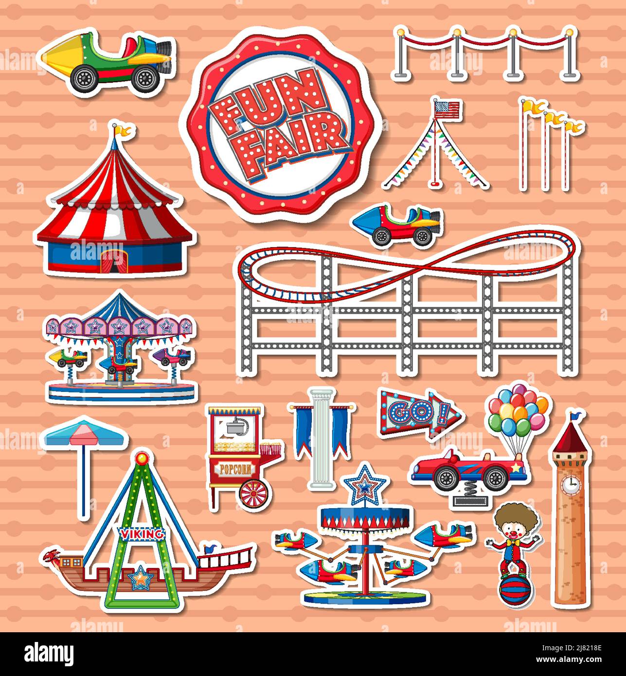 Sticker set of amusement park objects and cartoon characters ...