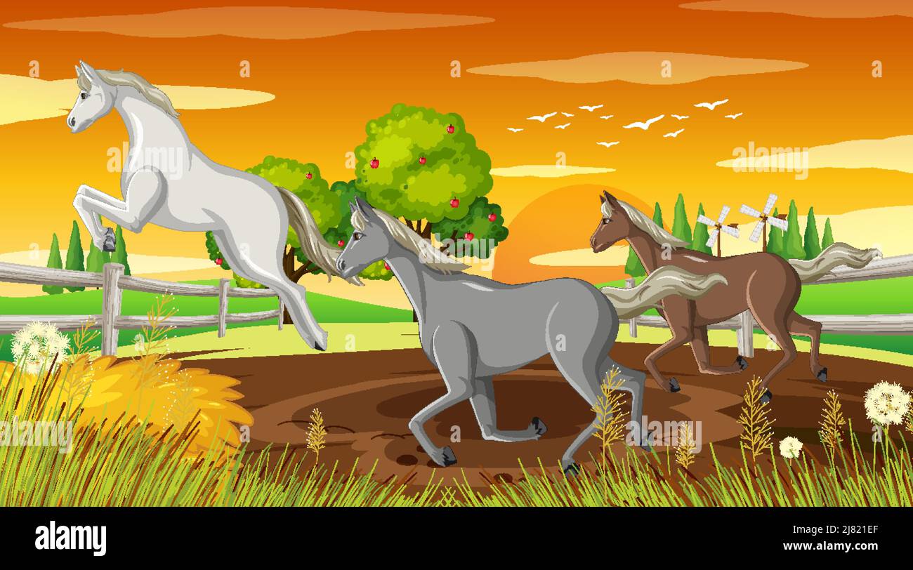 Horse riding scene with horses running illustration Stock Vector Image ...