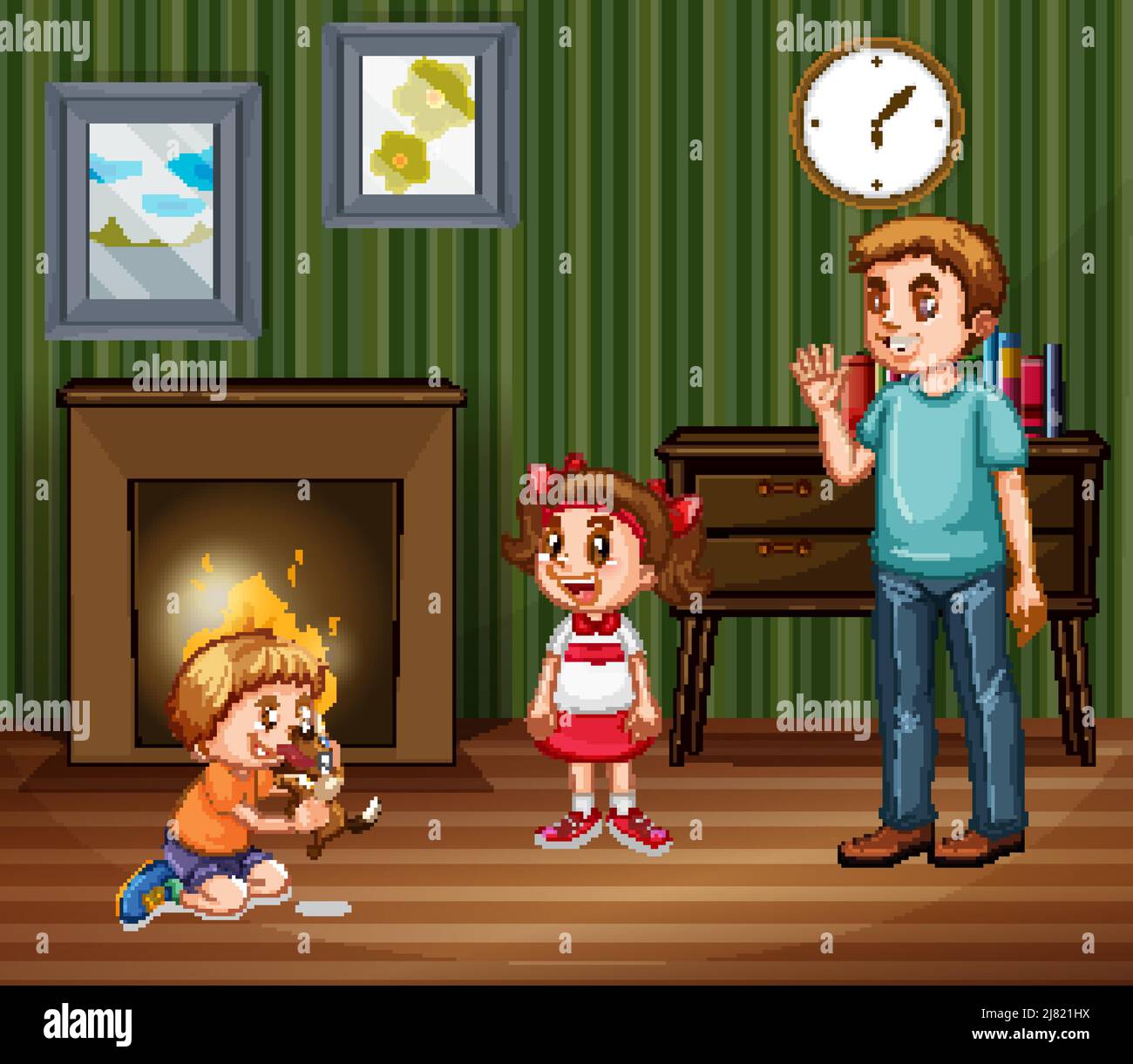 Home scene with family by the fireplace illustration Stock Vector Image ...