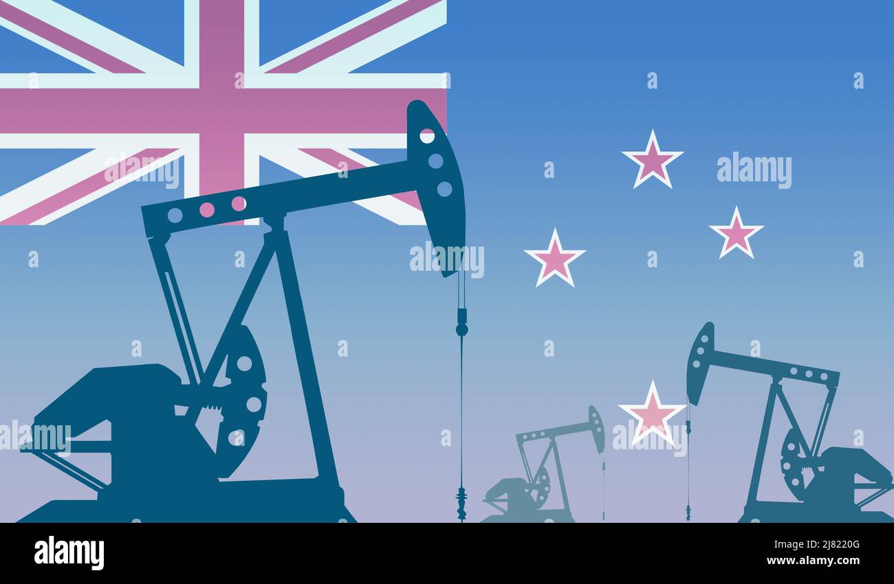 silhouette of the oil pump against flag of New Zealand. Extraction ...