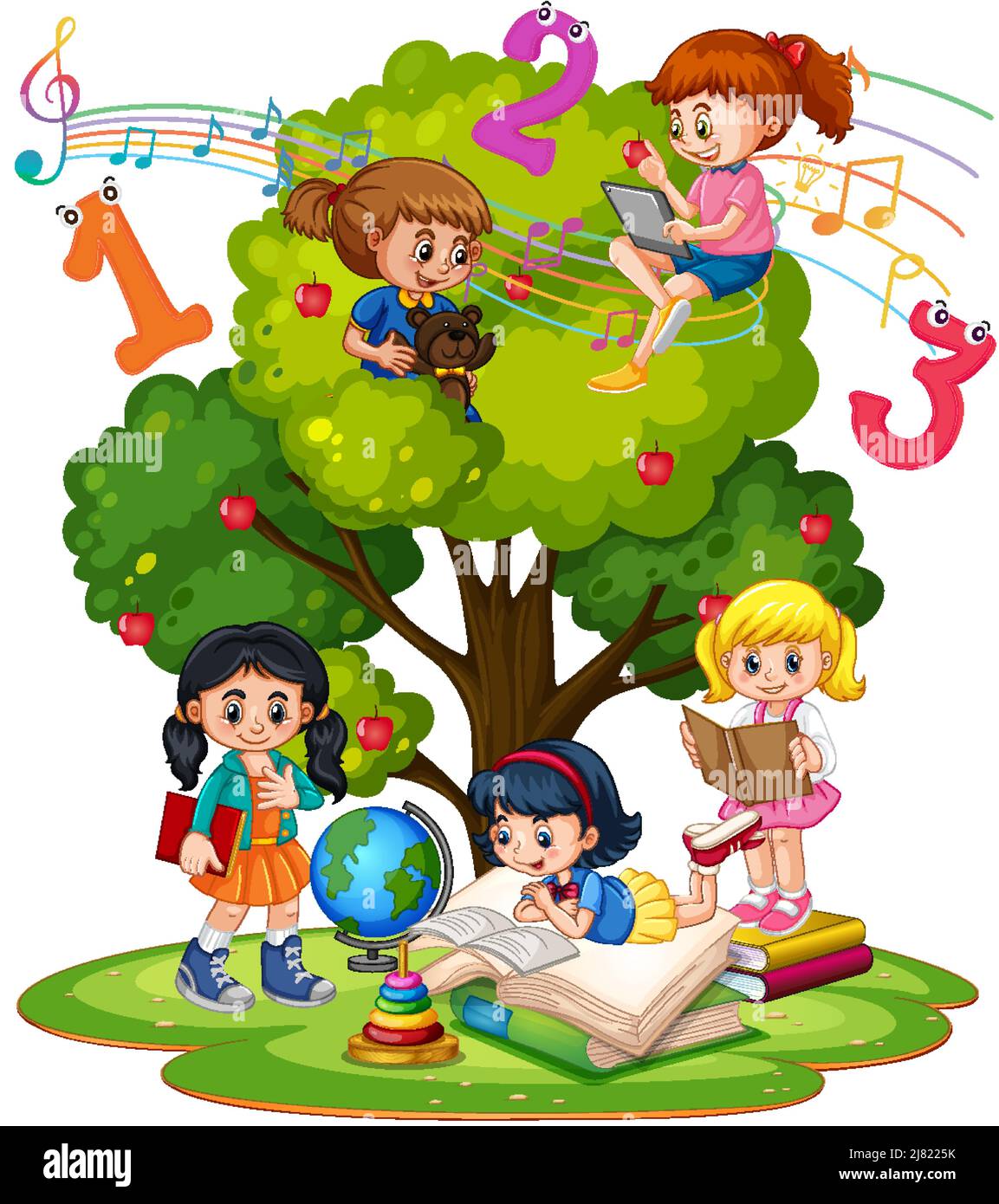 A children are reading books on a stack of books in garden scene ...