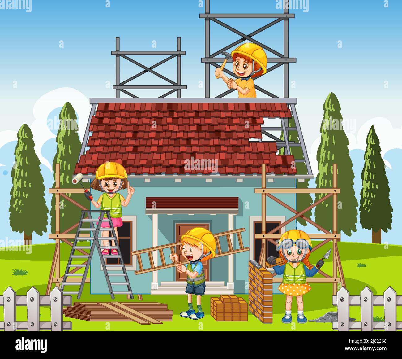House construction site with workers cartoon illustration Stock Vector Image & Art - Alamy