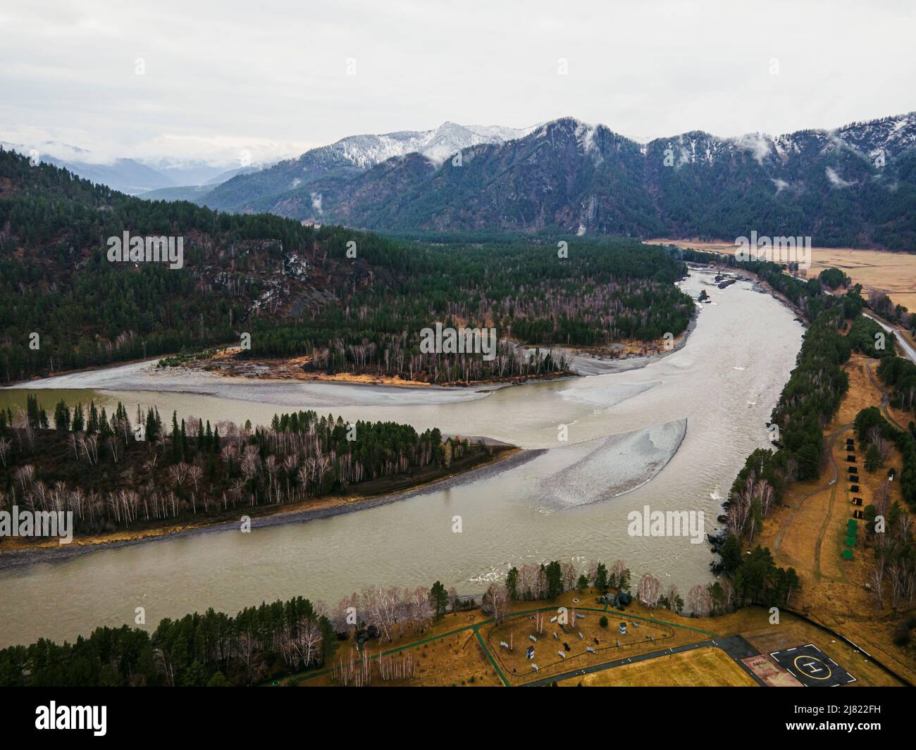 Top view of spring forest and the river. beautiful landscape. natural ...