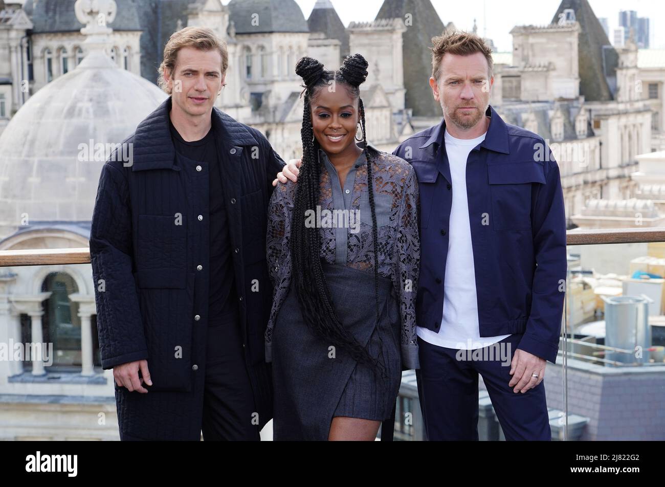Hayden Christensen, Moses Ingram and Ewan McGregor, at a photo call ...