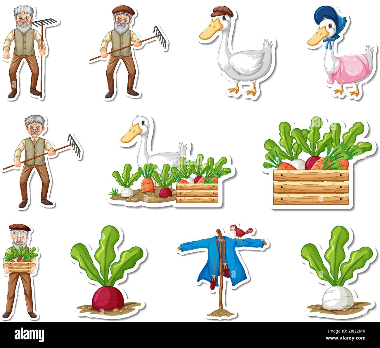 Sticker set of farm objects and farmer cartoon characters illustration ...
