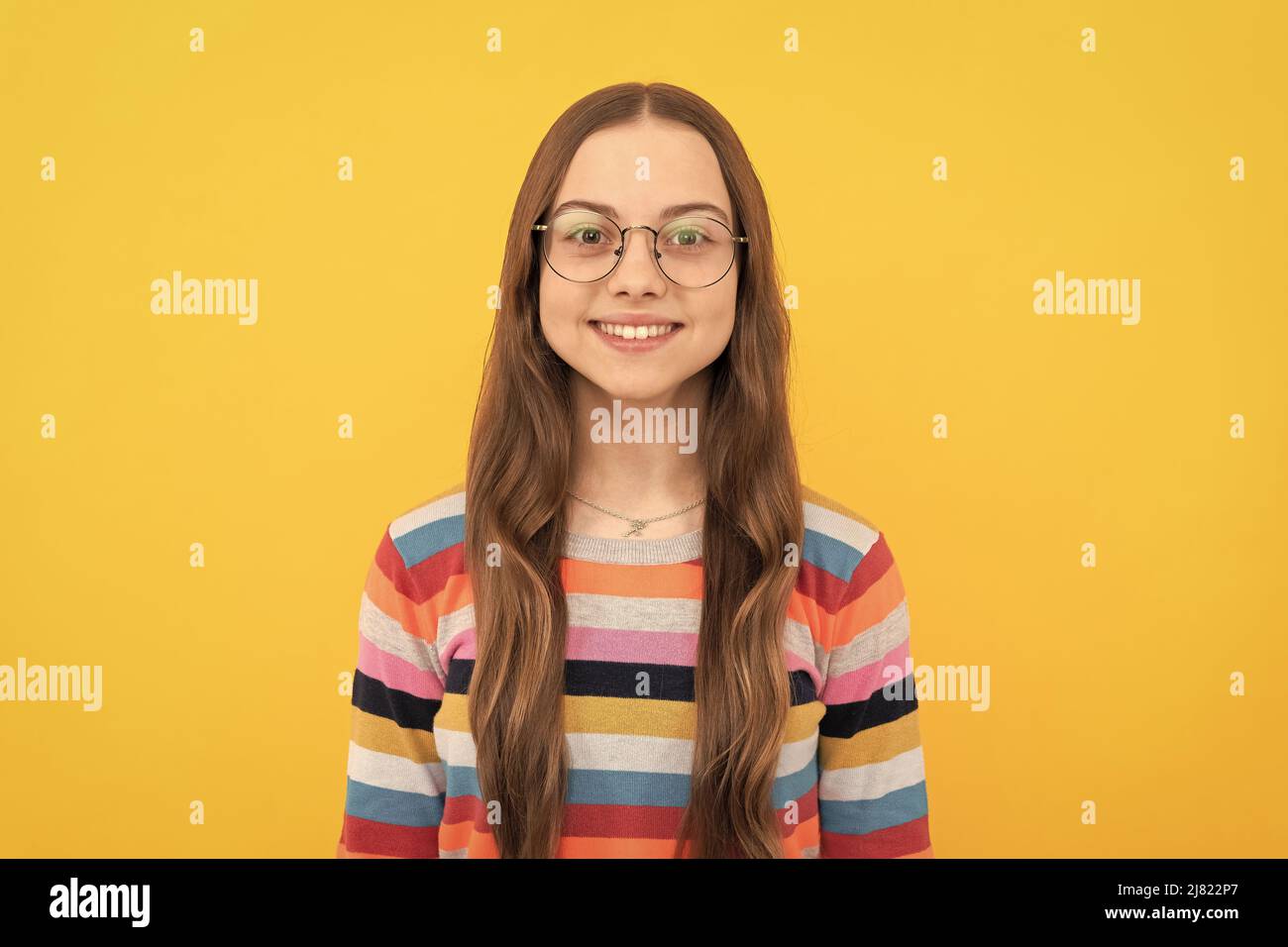 happy teen girl look through eyeglasses. vision acuity. eyesight ...