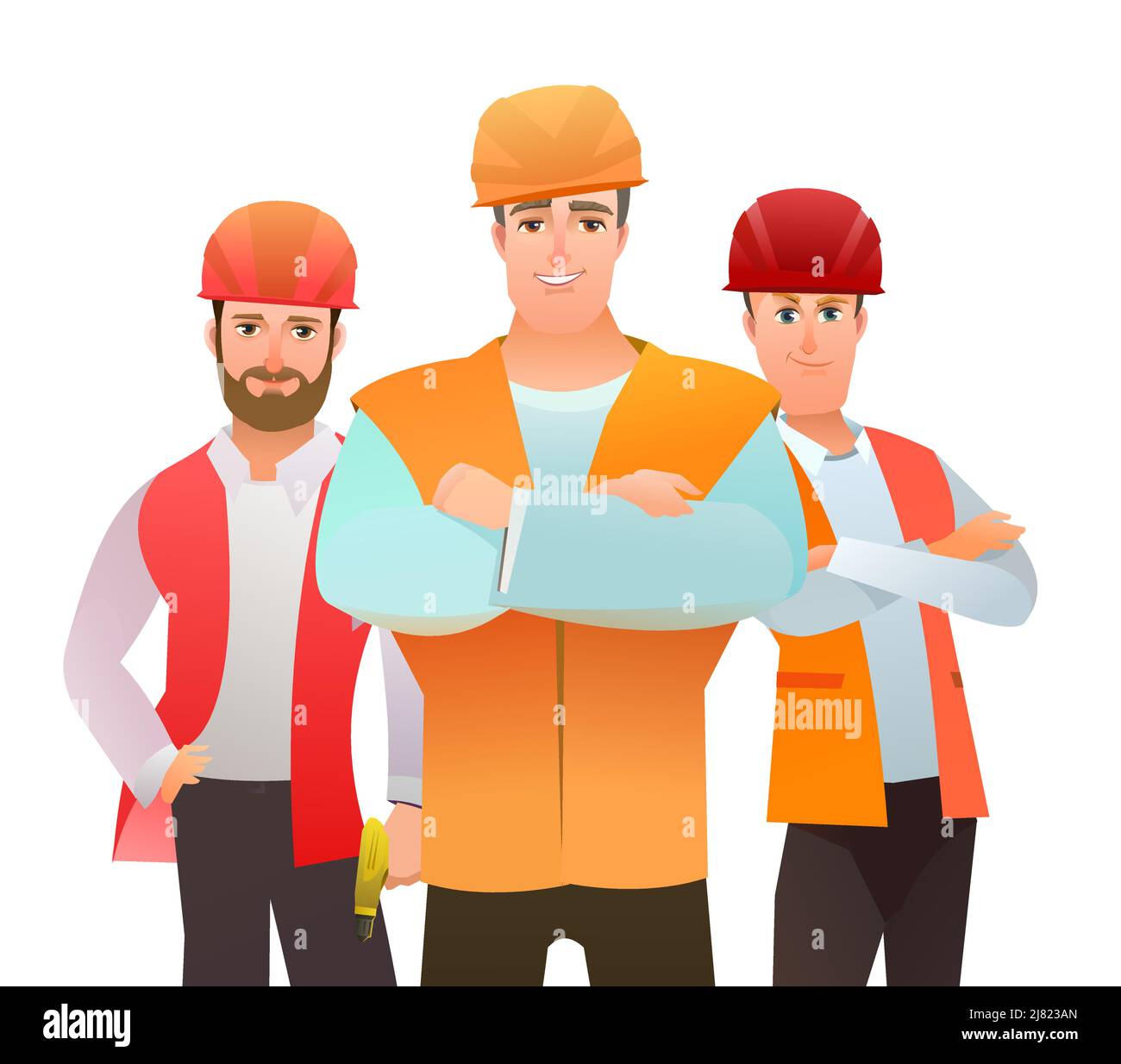 Men builder in vest and protective helmet. Guy worker. Cheerful person ...