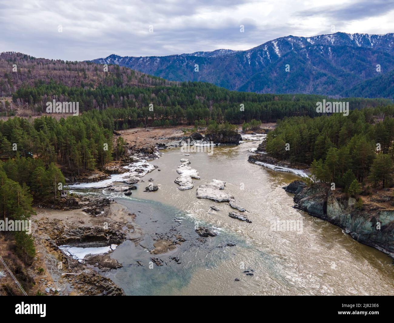 Top view of spring forest and the river. beautiful landscape. natural ...