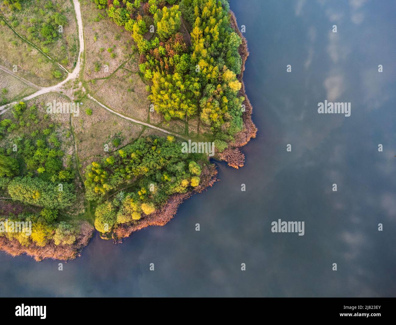 aerial view of the banks of Lake Olbersdorf (Olbersdorfer See) near ...