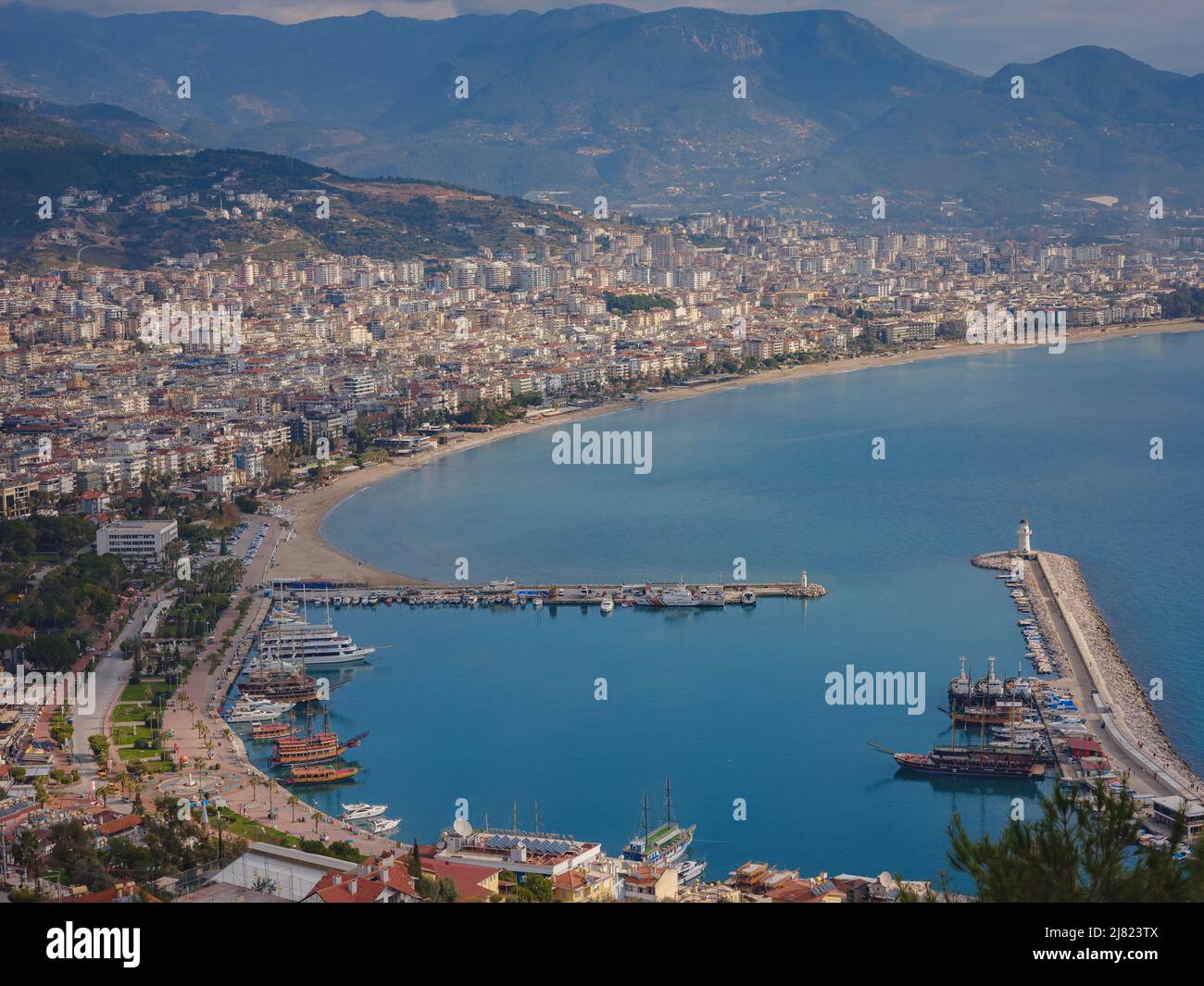 Alanya, turkey, winter walk by mediterranean sea. Ariel view of Alanya ...