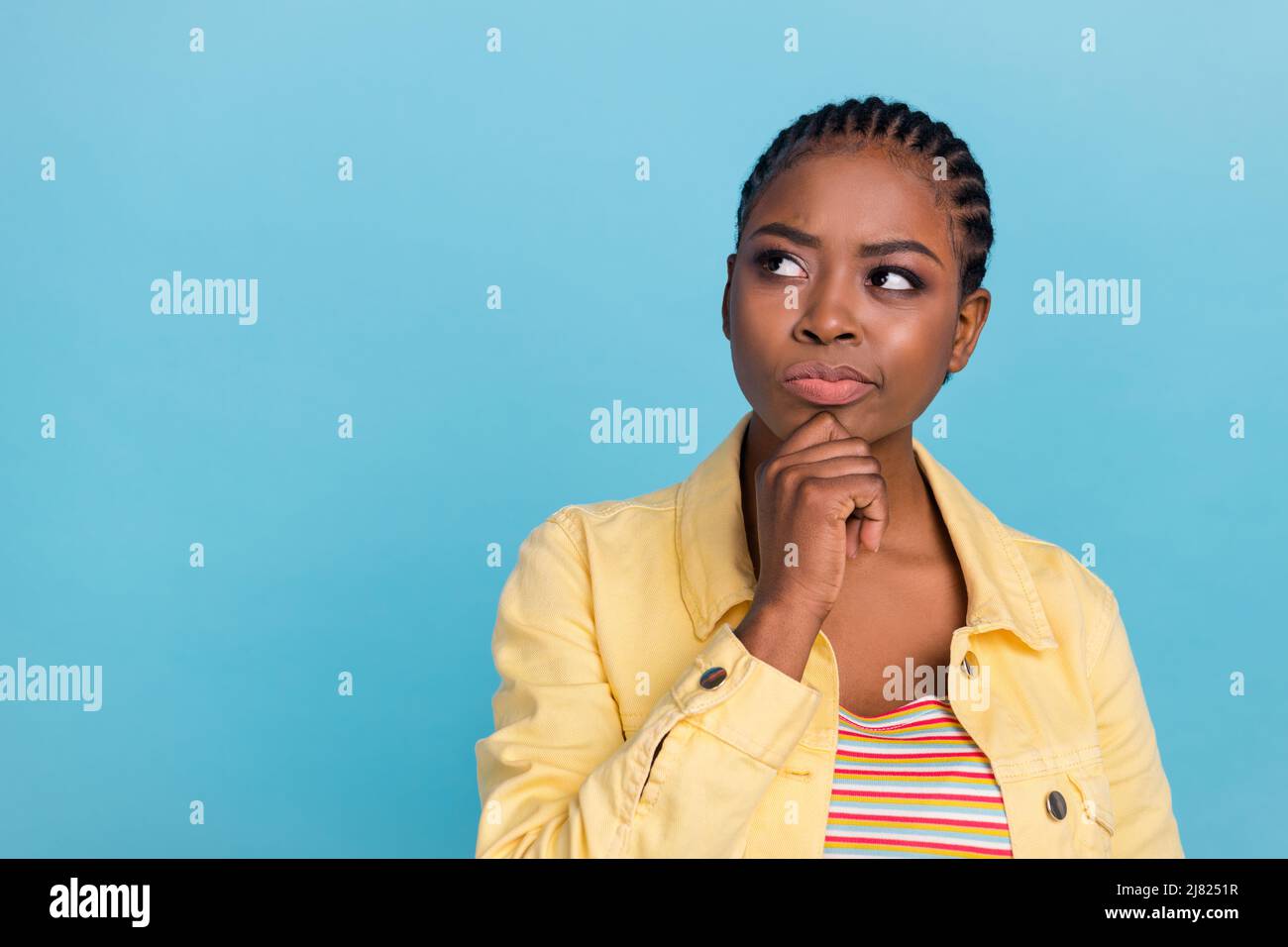 Portrait of attractive skeptic doubtful girl overthinking solution copy ...