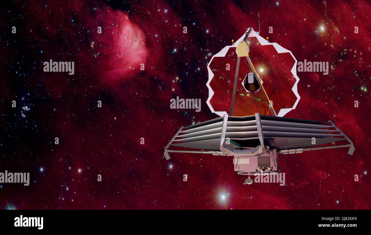 James Webb telescope in outer space on orbit of Earth. Planet surface ...